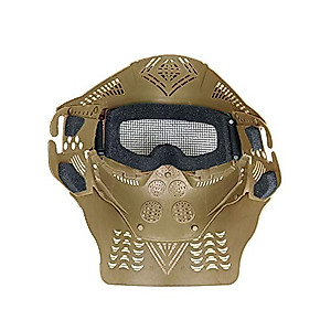 SHENKEL Mask-014tan Full Face Shooting Mask Mesh Goggles with Visor & Neck Guard, Tan