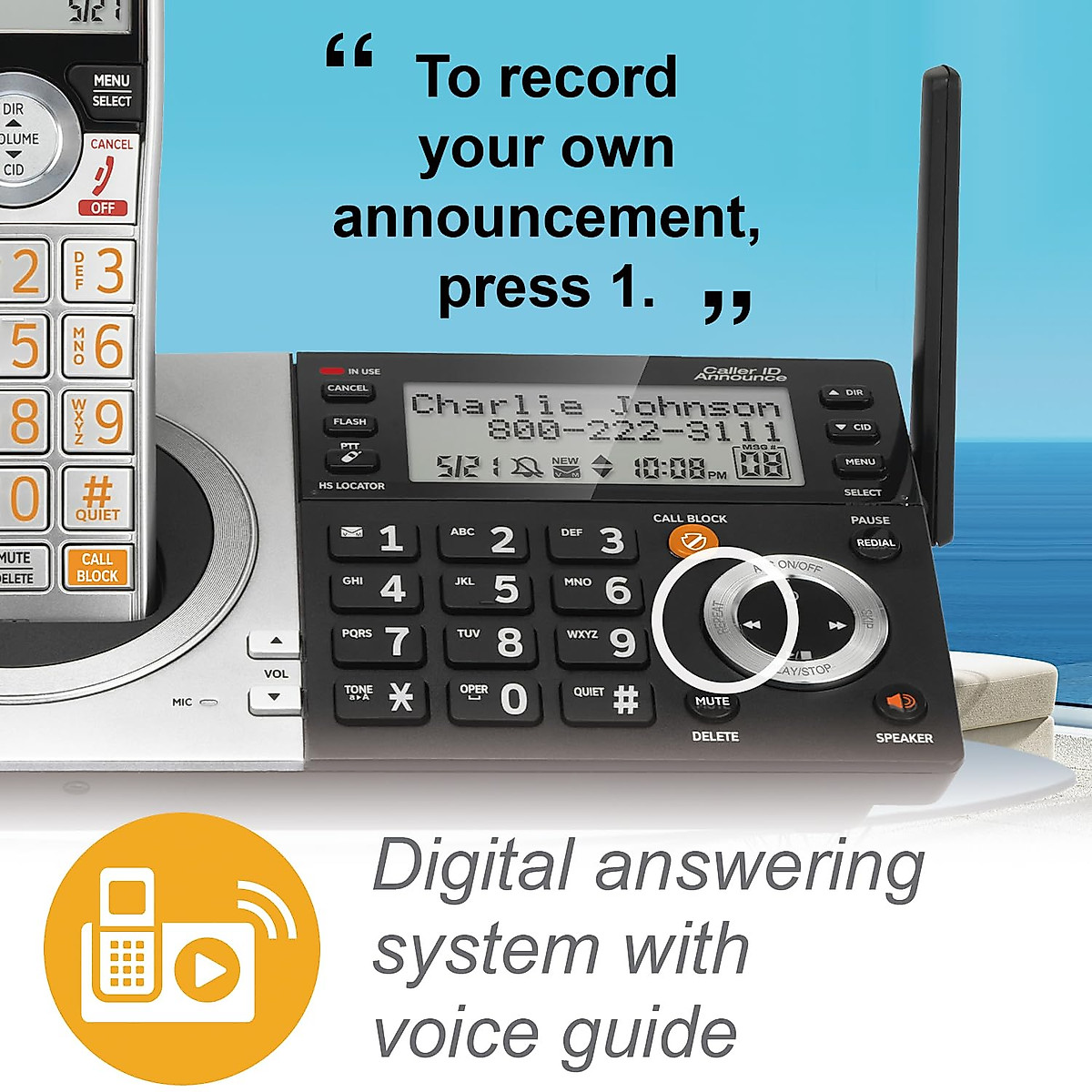 AT&T CL83507 DECT 6.0 5-Handset Cordless Phone for Home with Dual Keypad Base, Answering Machine, Call Blocking, Caller ID Announcer, Intercom and Long Range, Silver/Black