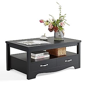 LINSY HOME Farmhouse Coffee Table with Storage, Wood Coffee Table for Living Room, Open Display Area and Storage Drawers with Metal Handles, Chic Style with Curved Base, Black