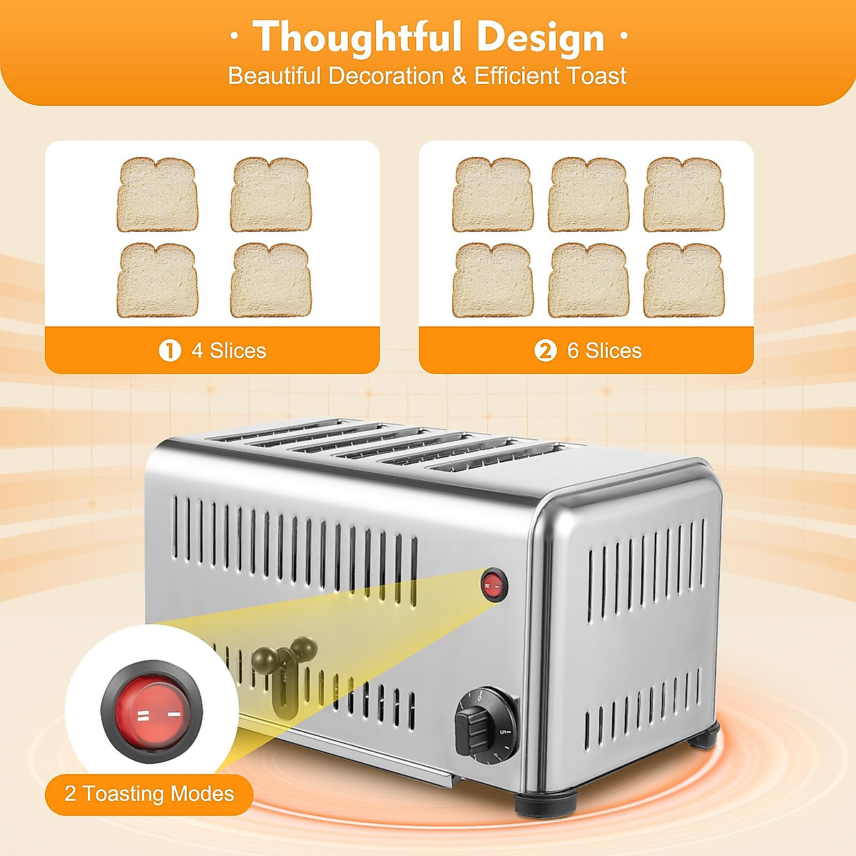 6 Slice Toaster with 5 Bread Shade Settings, Commercial Bread Baking Machine 1.1in Wide Slot, 1680W, 201 Stainless Steel, for Various Bread Types