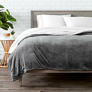 Bare Home Sherpa Fleece Blanket - Full/Queen Blanket - Blanket for Bed, Sofa, Couch, Camping and Travel - Warm & Lightweight - Fluffy & Soft Plush Blanket - Reversible (Full/Queen, Grey)