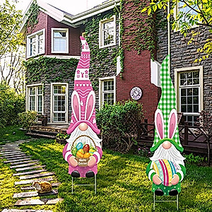 Easter Gnome Yard Signs 2 PCS Easter Bunny Eggs Garden Signs 47 Inch Large Plastic Outdoor Signs Pink Green Gnome Lawn Sign with Stakes H Frames for Spring Holiday Party Decor Patio Pathway