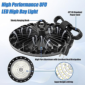 10 Pack 200W UFO LED High Bay Light, 20000LM LED High Bay Light Fixture with 110V US Plug, 6500K Daylight White Commercial Warehouse Area Light for Wet Location Area, Workshop, Warehouse, Garage