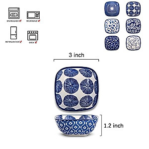 Selamica Ceramic 2.6 OZ Square Dipping Bowl Set, Soy Sauce Dish 3 inch Small Bowls for Ketchup Condiments Side Dish BBQ, Ramekins Oven safe, Stackable, Set of 6, Vintage Blue