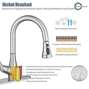 Casavilla Kitchen Faucet with Soap Dispenser, Faucet for Kitchen Sink, Single Handle Stainless Steel Kitchen Sink Faucets with Pull Down Sprayer and Deck Plate, RV Sink Faucet, Nickel Brushed