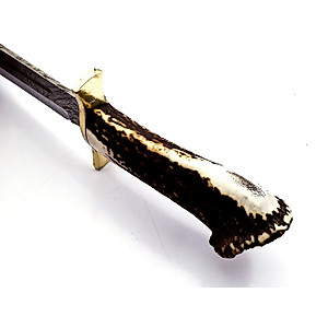 Skokie Knives Damascus Steel Bowie Knife Bull Horn Handle with & Brass Guard –16” Handmade Premium Quality Sharp Edge Fix Blade -Genuine Multipurpose Knife Ideal for Hunting, Camping (Stage B)