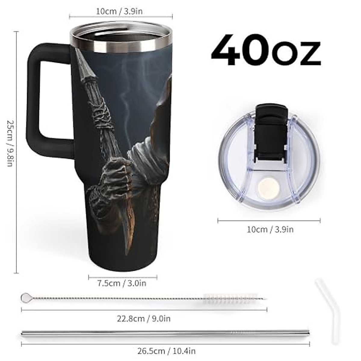 LLUTSNTH 40 Oz Vacuum Tumbler with Black Handle Leakproof Insulated Tumbler Grim-Reaper Stainless Steel Travel Mug with Lid And Straw Coffee Cup Cute Water Bottles Cup Holder Friendly