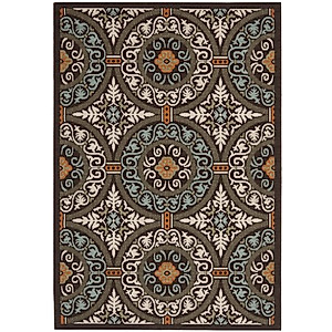 SAFAVIEH Veranda Collection 6'7" x 9'6" Chocolate / Aqua VER055 Modern Indoor/ Outdoor Non-Shedding Easy-Cleaning Patio Backyard Porch Deck Mudroom Area Rug