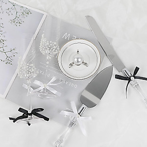 SEMONONIA 4 Piece Wedding Toasting Flutes and Cake Server Set - Champagne Glasses and Knife Server Set,Bride and Groom Wine Glasses and Cake Knives Set for Anniversary Engagement Gifts for Couple