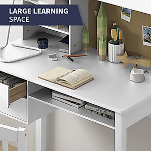 ijuicy Kids Desk and Chair Set, Kid Study Desk with Hutch & Cork Bulletin Board, Children's Wooden Study Desk with Storage Shelves & 2 Closed Drawers, Student Desk with Chair for Study, White