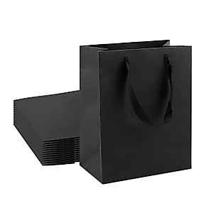 QIELSER 24 pcs Kraft Gift Bags Bulk Small Size 6.3x3.2x8.5 Inches, Black Kraft Paper Shopping Bags with Ribbon Handles, Party Favor Bags, Shopping Bags, Retail Bags, Wedding Bags