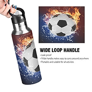 Space Fire Water Soccer Water Bottle Vacuum Insulated Stainless Steel Thermos Mug Kids Water Bottle with Straw and Handle Keep Hot Cold Sport Bike Fit Travel Outdoor 20 oz