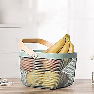 HOJKMA Mesh Steel Storage Organizer Basket, Multi-Functional Metal Wire Hanging Kitchen Baskets Fruit Basket with Bamboo Handle Ideal for Kitchen, Bathroom, Pantry, Cabinet Home, Shopping, Green