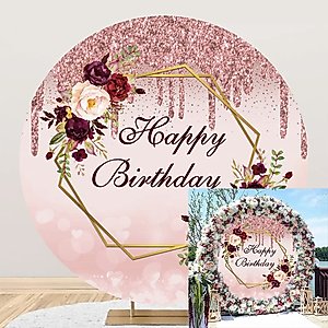 OERJU 7.2x7.2ft Happy Birthday Round Backdrop Cover Burgundy Flowers Rose Gold Photo Background Women Lady Girl 16th 30th 40th 50th 60th Birthday Party Decoration Dessert Cake Table Banner