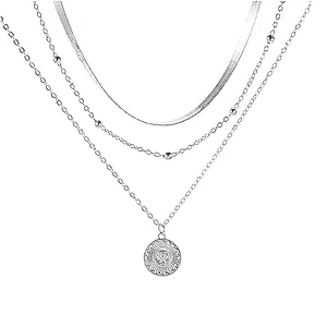 Woent Layered Lotus Pendant Necklaces Silver Bead Choker Necklace Chain Adjustable Jewelry for Women