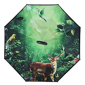 Wxjiahetai Inverted Reverse Umbrella with C-shaped Handle Windproof Upside Down Umbrellas for Rain Double Layer Hands Free Umbrella for Women and Men (Forest Elk)