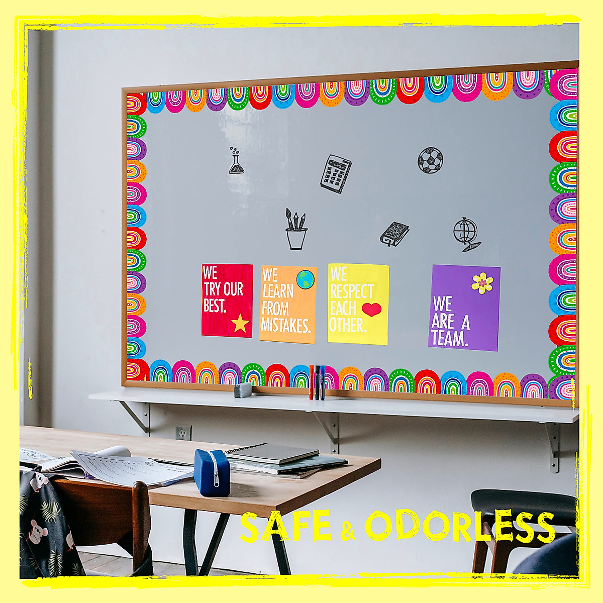 60 Feet Bulletin Board Borders, Colorful Rainbow Die-Cut Rolled Border Trim Decoration Borders for School, Classroom, Offices Walls, Desks, Windows, Doors, Lockers