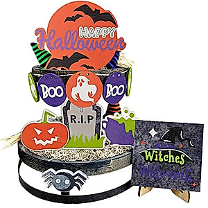 11 Pcs Halloween Tiered Tray Decorations,Halloween Signs for Halloween Home and Office Decor,Halloween Tray Decor with Witch Hat,Ghost,Bat,Tombstone,Pumpkin (1)