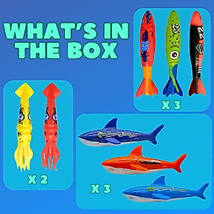 Diving Torpedo Pool Toys: Underwater Sinking Sharks, Squids, and Torpedoes - Kids' Outdoor and Indoor Swimming Activity Toy Set