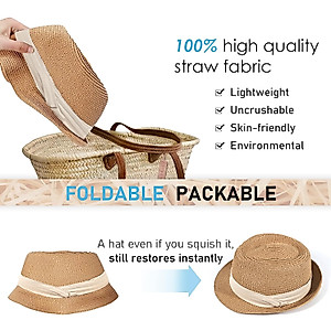 Lvaiz Womens Straw Hat Short Brim Panama Fedora Beach Sun Trilby Hat for Vacation Gentlemen Roll Up Summer Hat A01-khaki L