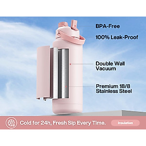 POWCAN 40 oz Insulated Water Bottle with 2-in-1 Straw and Spout Lid, Keep Cold 24H, Leak-Proof, BPA-Free, Double Wall Stainless Steel Water Bottle for Sports, Gym, Travel, and School (Cotton Candy)