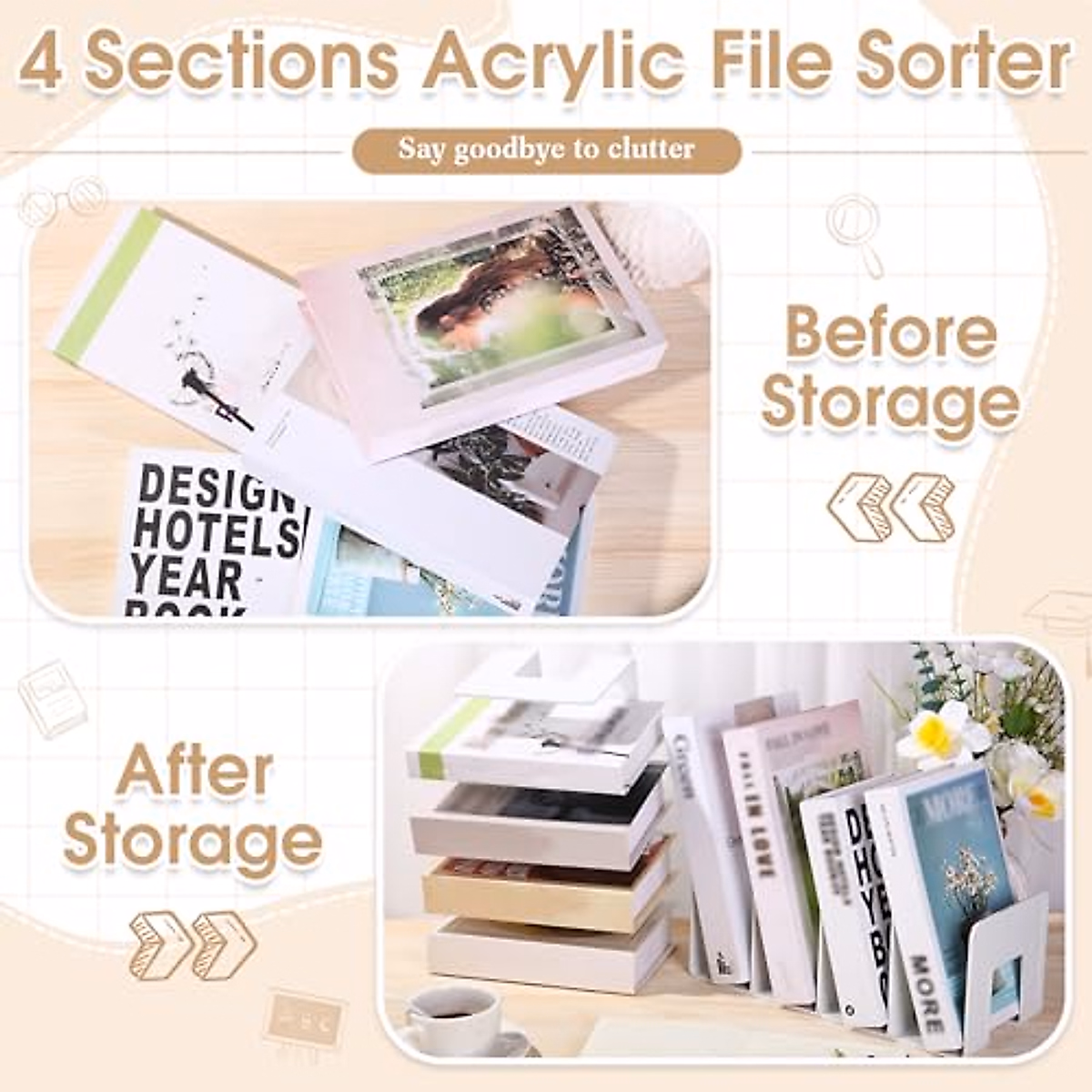 Jetec 4 Pcs Acrylic File Organizer Desk 4 Sections File Sorter Envelope Vertical Acrylic File Holder Book Paper Storage Divider for Office Supplies (White)