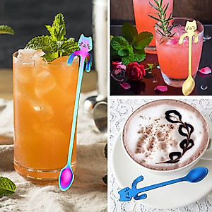 6 PCS Cat Spoon Coffee Tea spoon Set, ESRISE Stainless Steel Hanging Cup Teaspoons Demitasse Mini Long Cute Kitten Stirring Spoon for Dessert Drink Mixing Milkshake (Multi)