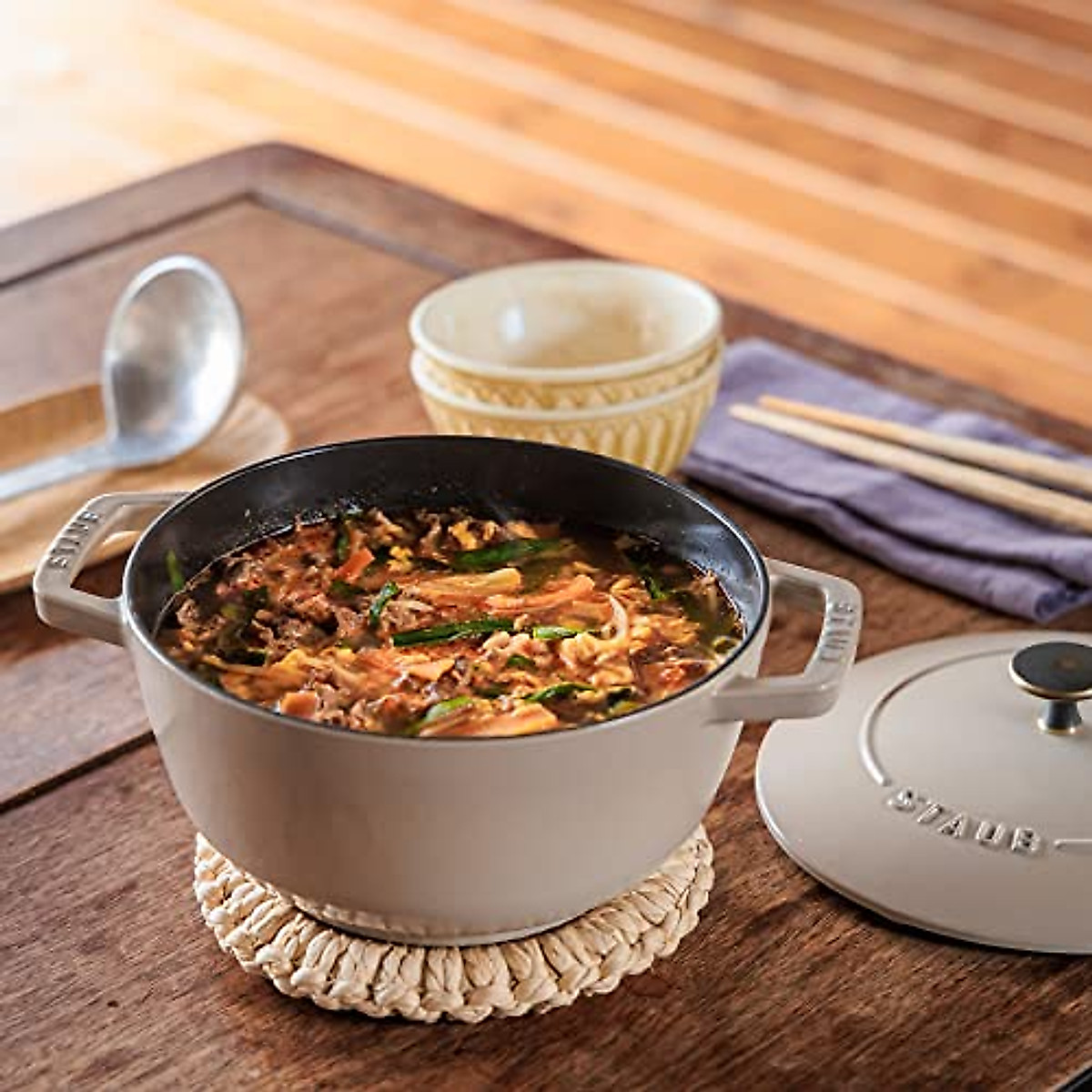 staub Wa-NABE 40501-001 Linen L Vintage Knob Specifications 7.9 inches (20 cm) Handed, Cast Iron Pot, Rice Cooking, 3 Pieces, Induction Compatible, Japanese Authentic Product with Serial Number