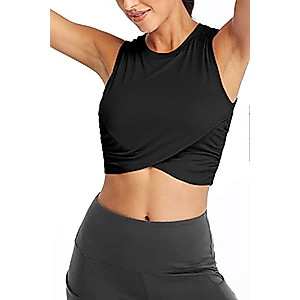 Sanutch Cropped Workout Tops for Women Cute Sleeveless Yoga Tops Running Gym Workout Shirts Black S