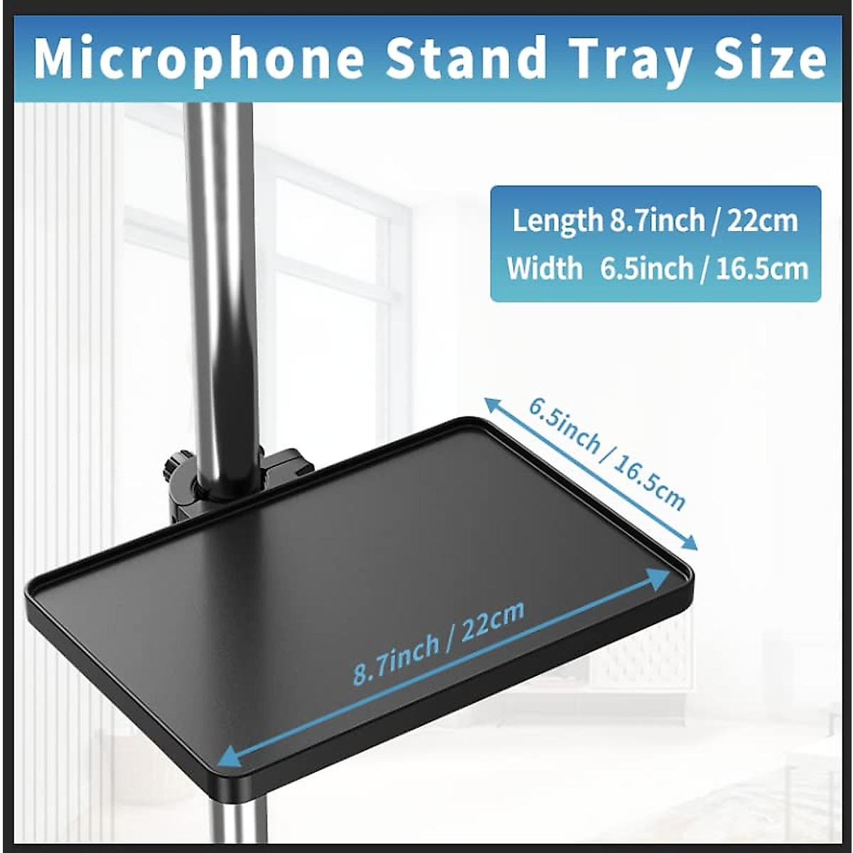 Universal Microphone Stand Tray, Adjustable Mic Stand Tray Clamp On Utility Shelf Stand. Music Stand Tray for Music Sheet, Live Streaming, Karaoke, Recording, Music Stand Accessories (8.7" x 6.5")