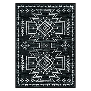 Lahome 5x7 Black Aztec Rug for Bedroom, Moroccan Washable Soft Black and White Rug for Living Room, Dining Room Rug for Under Table, Low Pile Distressed Rug for Home Decor (Black, 5'x7')