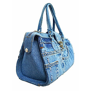 Upcycling Blue Denim Jean Large Capacity Doctor Style with Hand Stitching Edge Top Handle Satchel Structured Handbag for Women