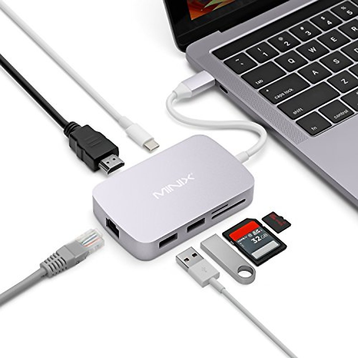 MINIX 7 in 1 USB-C Multiport Adapter with GLAN,4K @ 60Hz,2X USB 3.0, USB-C for Power Delivery, Micro SD and SD Card Readers, Compatible with macOS, iPadOS and Windows 10 OS. (Space Gray)