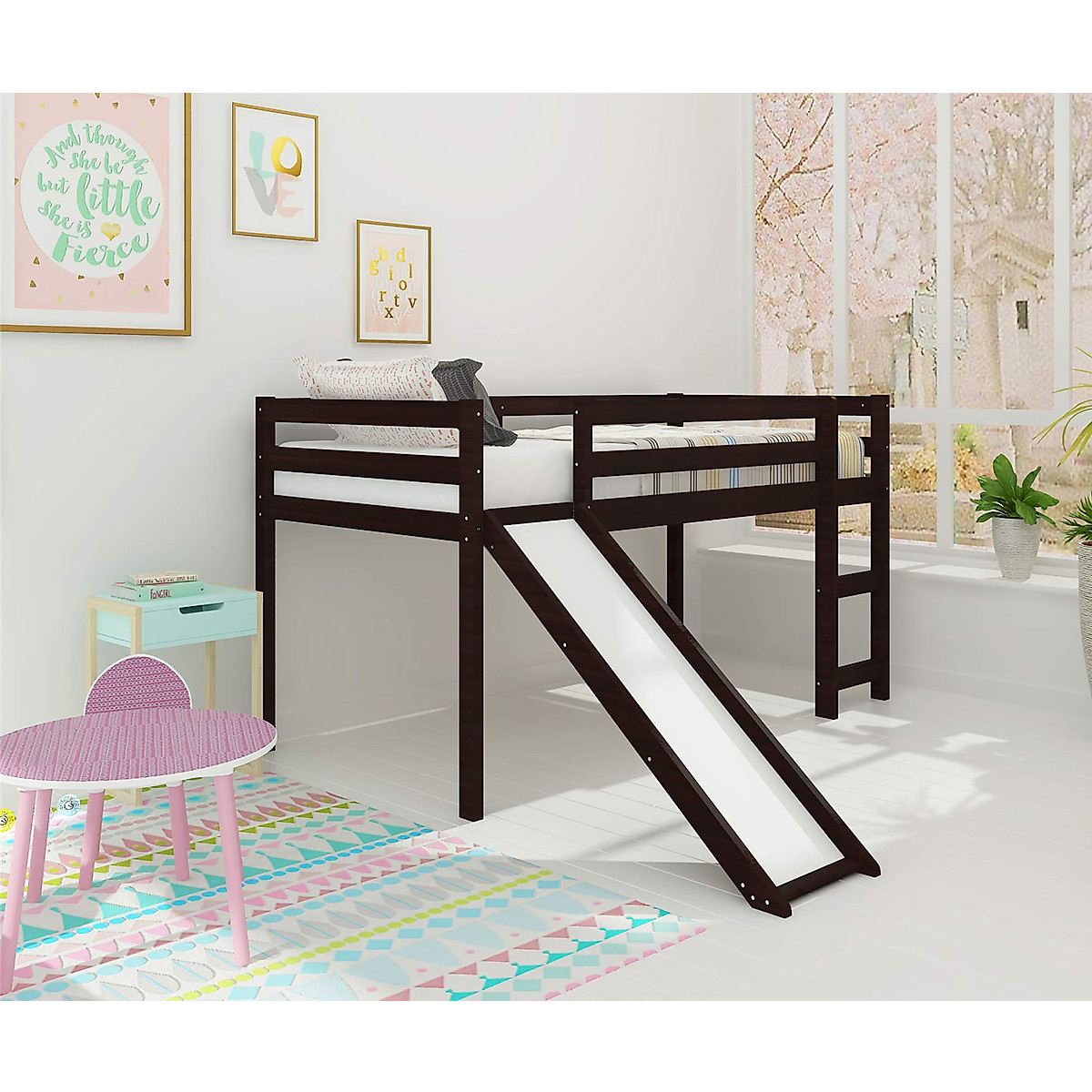 Harper & Bright Designs Loft Bed Twin with Slide, Kids loft Bed,Wood Low Profile for Kids, Built-in Ladder and Guard Rail,No Box Spring Needed,Espresso