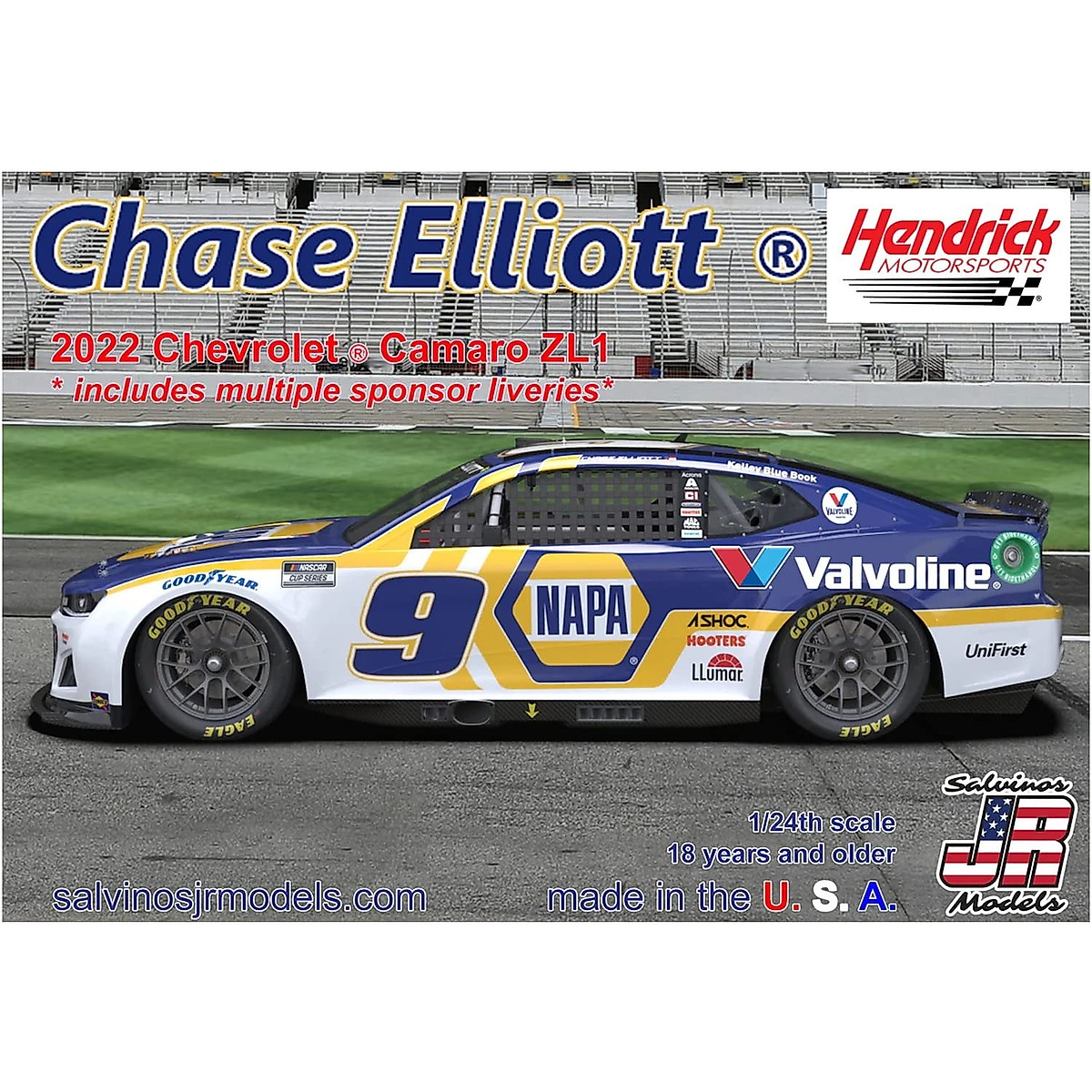 Salvinos J R Model 1/24 NASCAR 2022 Camaro ZL1 · 9 Hendrix Motor Sports Chase Elliott Multi-Sponsor Plastic Model SJMHMC2022CEM