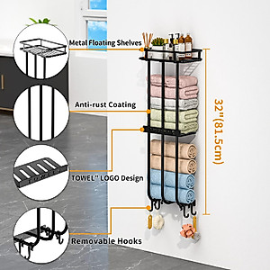 Wall Towel Rack for Rolled Towels, 3 Bars Towel Rack Wall Mounted with Metal Top Floating Shelf & 4 Hooks, Towel Holder for Bathroom Folded Large Towels, Blanket Towel Storage Shelves Organizer, Black