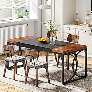 Tribesigns Rectangular Dining Table, 63-inch Wood Kitchen Table with Strong Metal Frame, Industrial Large Long Dining Room Table for 4-People Family, Splice Board (Walnut and Black) (XK00258)