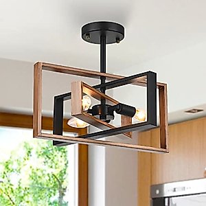 Capslpad Industrial Rectangle Ceiling Light Rustic Retro Farmhouse Rotatable Flush Mount Ceiling Light Fixture for Kitchen Dining Room Living Room Bedroom Hallway Entryway (Faux-Wood)