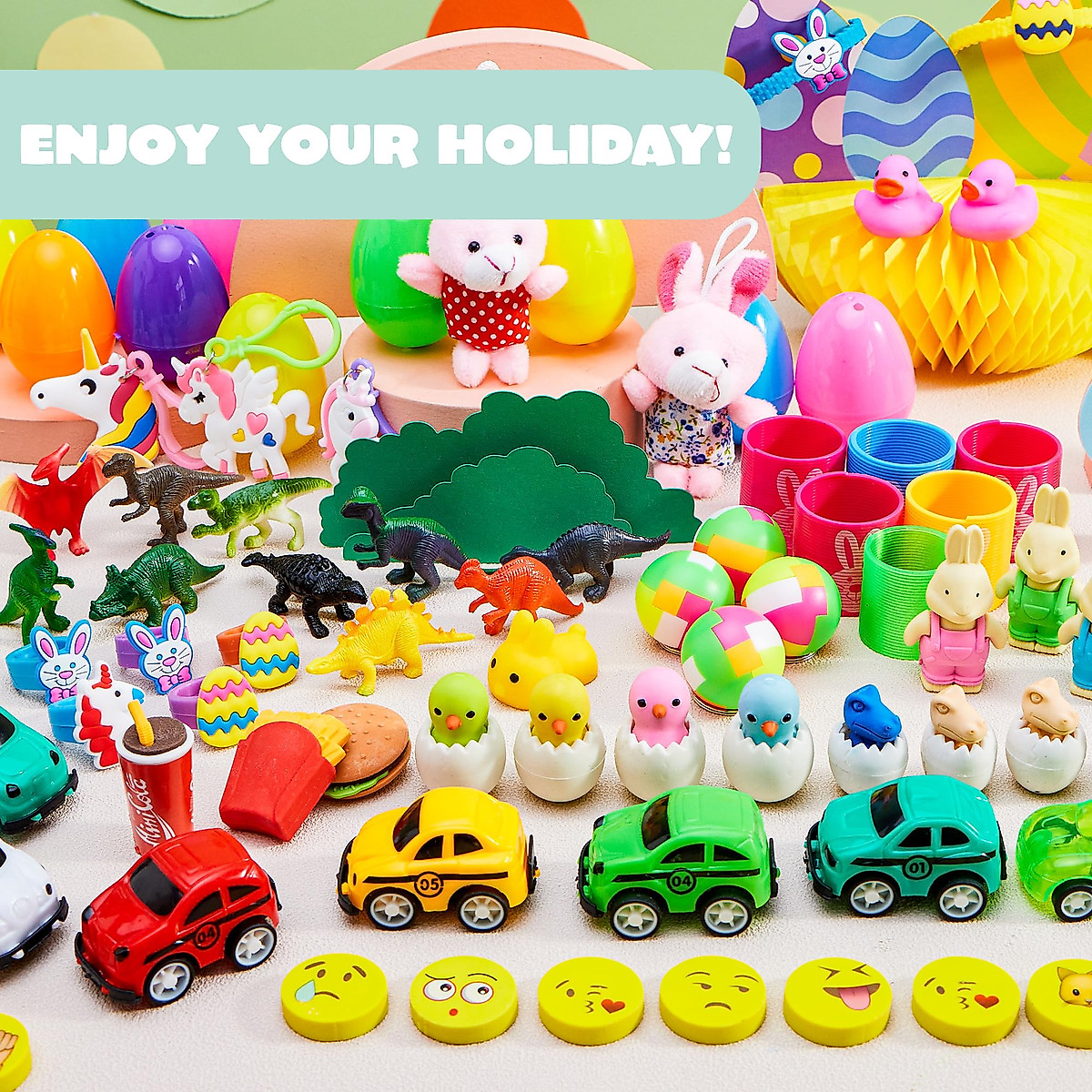 JOYIN 100 Pcs Prefilled Easter Eggs with Toys Plus Stickers, Filled Easter Eggs with Toys Party Favors for Kids Boys Girls Easter Eggs Hunt, Easter Basket Stuffers Fillers,Classroom Prize Supplies