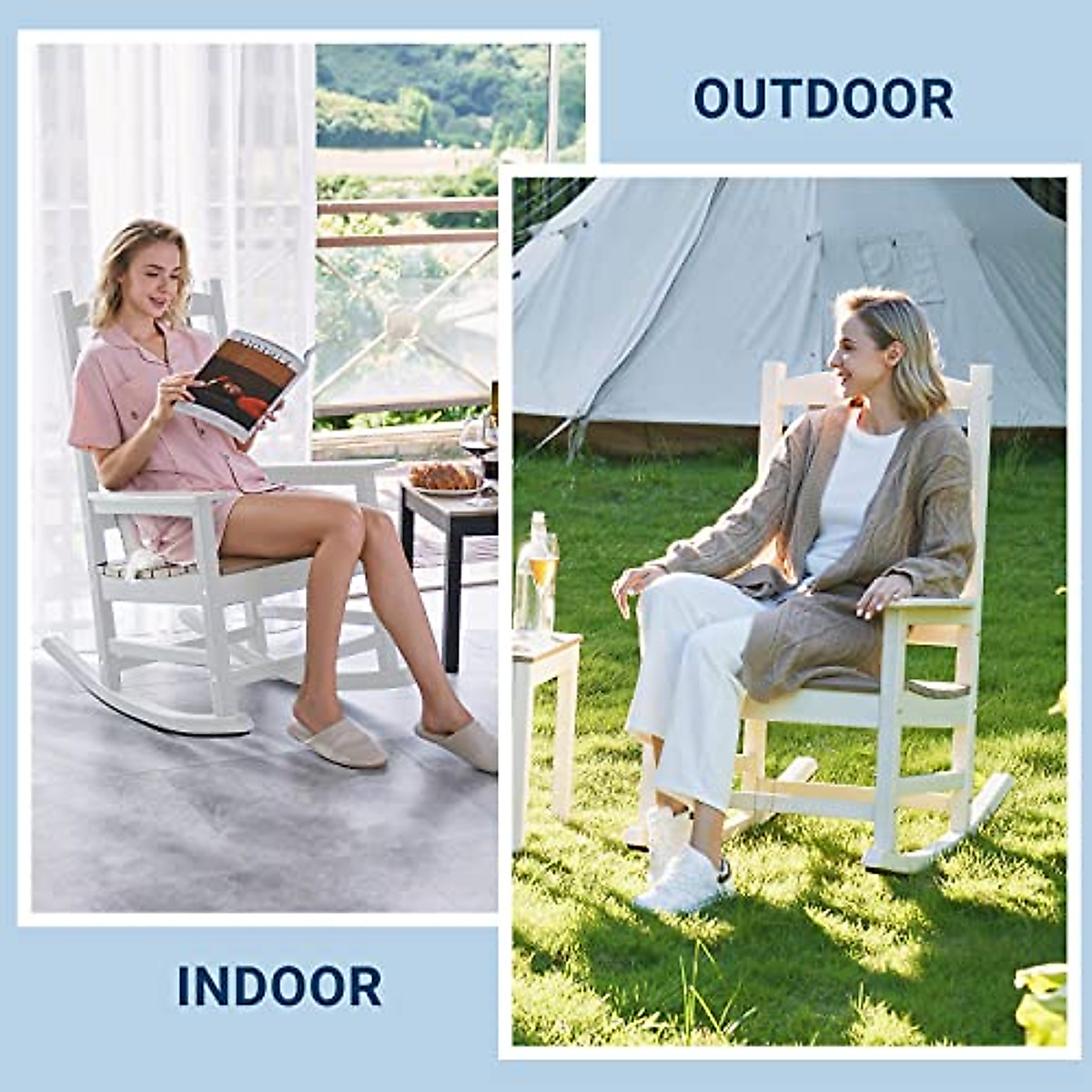 OTSUN Outdoor Rocking Chair, Patio Rocker Chair with High Back, All Weather Resistant Fade-Resistant Front Porch Rocking Chair, Stable Smooth Wood Rocker for Balcony, Yard (White & Brown)