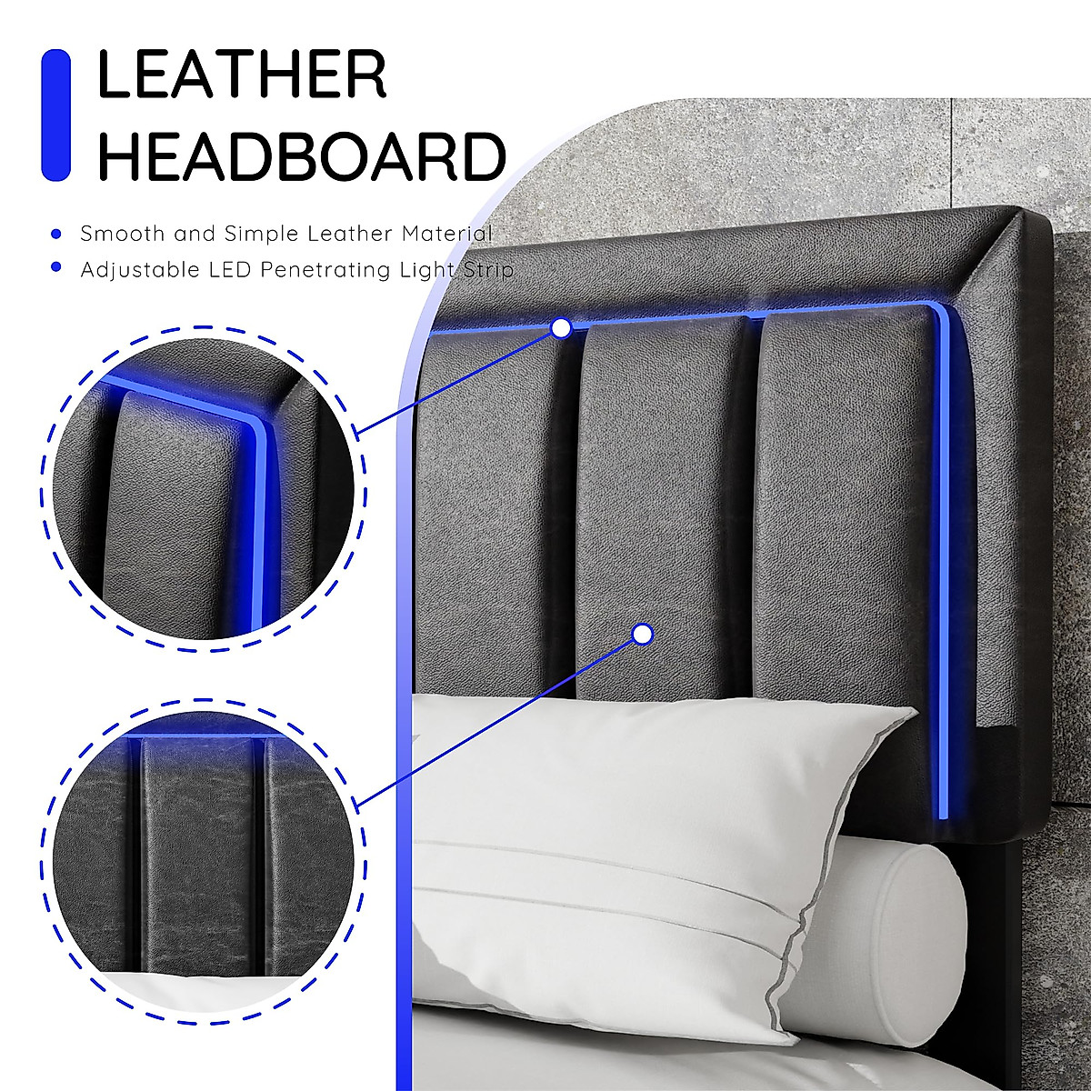 NEDYO Queen Size Bed Frame with Headboard, Platform Bed Frame with LED Lights&4 Storage Drawers, Faux Leather Upholstered Headboard, Wooden Slats Support, NO Box Spring Needed. Metal Black