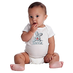 Funny Girl Designs Embroidered EASTER Bunny Bodysuit for Baby BOYS - Your Custom Name (0-3 Months, Long Sleeve, Light Blue)