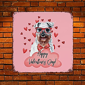Pet Dog Happy Valentine's Day Metal Plaque Sign Field Spaniel Dog Retro Wall Decoration Plaques Dog with Red Glasses and Love Heart Aluminum Sign for Kid Room Living Room 12x12in