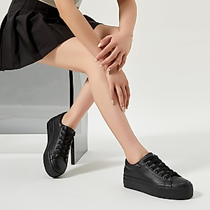 BABUDOG Womens Synthetic Leather Platform Sneakers,White Platform Shoes,Lace-up Tennis Shoes for Women,Comfortable Casual Shoes(Full Black.US6)