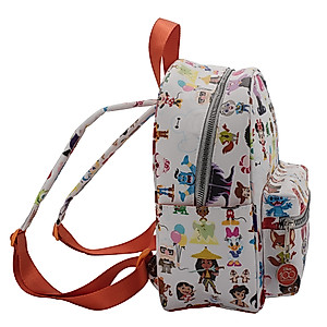 Disney 100 Mini Backpack Purse with Multi Character Allover Print & Molded Metal Logo Charm, 10.5 Inch, Adjustable Straps, Faux Leather