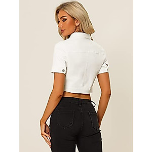 Allegra K Casual Jacket for Women's Short Sleeves Crop Jean Denim Jacket Small White