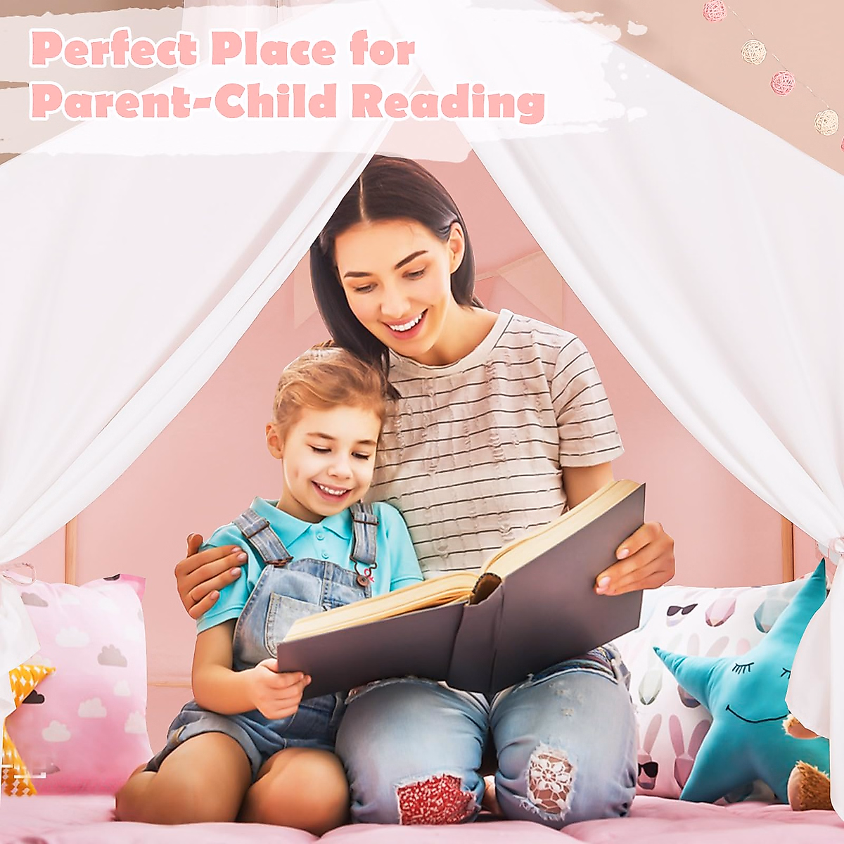 HONEY JOY Kids Play Tent, Toddler Tent Indoor Playhouses with Mat, Windows, Curtain, Solid Wood Frame, 52" x36" x 52", Large Children Princess Castle Play Tent for Boys Girls (Pink)