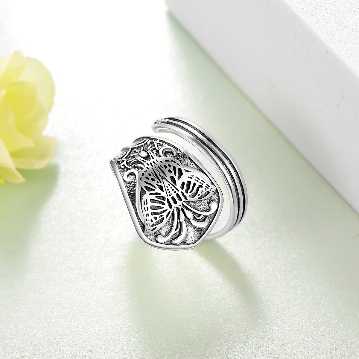 CVRAVO Vintage Butterfly Spoon Ring 925 Sterling Silver Adjustable Oxidized Spoon Rings Wrap Around Open Ring Thumb Statement Jewelry for Women Mom