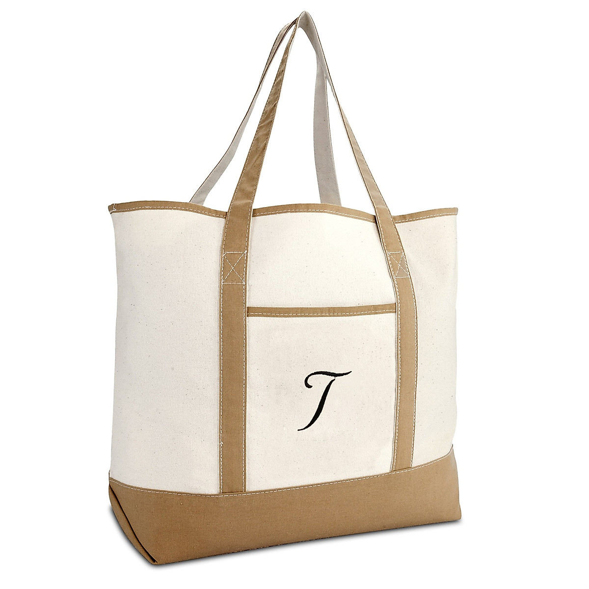 DALIX Women's Natural Tote Bag Shoulder Bags Brown With Monogram Letter T