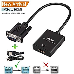 ONTEN VGA to HDMI, 1080P VGA to HDMI Adapter (Male to Female) for Computer, Desktop, Laptop, PC, Monitor, Projector, HDTV with Audio Cable and USB Cable (Black)